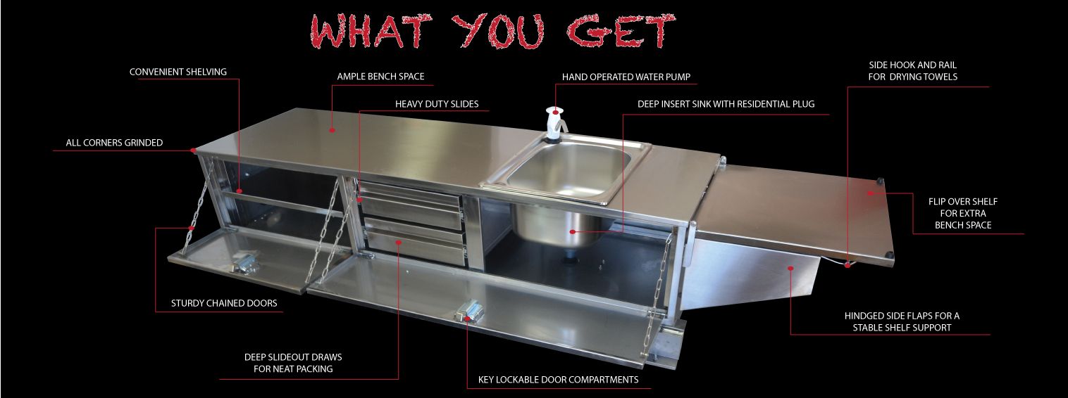 STAINLESS STEEL CAMPER TRAILER SLIDE OUT KITCHEN. 2 DRAWERS, SINK, TAP ...